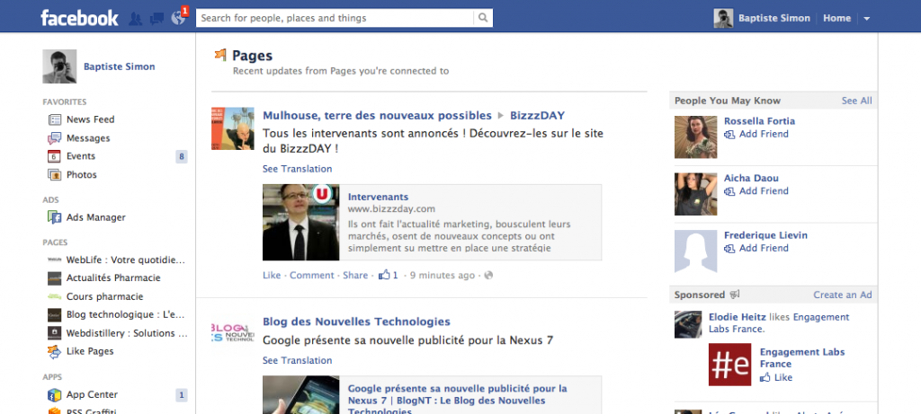 Facebook : Activités des Pages dans un flux dédié - WebLife